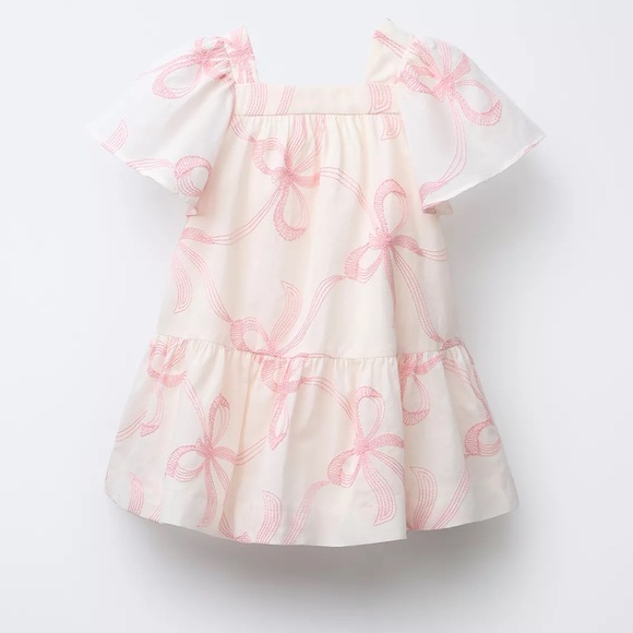 Zara | Dresses | Zara Pink And White Embroidered Bow Pattern Dress 6 ...